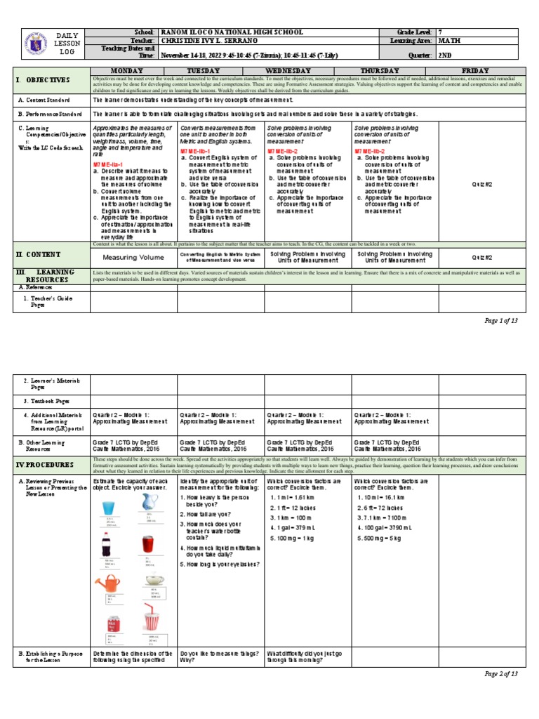 DLL Math 7 Quarter 2 Week 2 | PDF | Volume | Litre