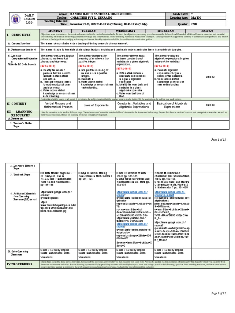 DLL Math 7 Quarter 2 Week 3 | PDF | Variable (Mathematics) | Numbers