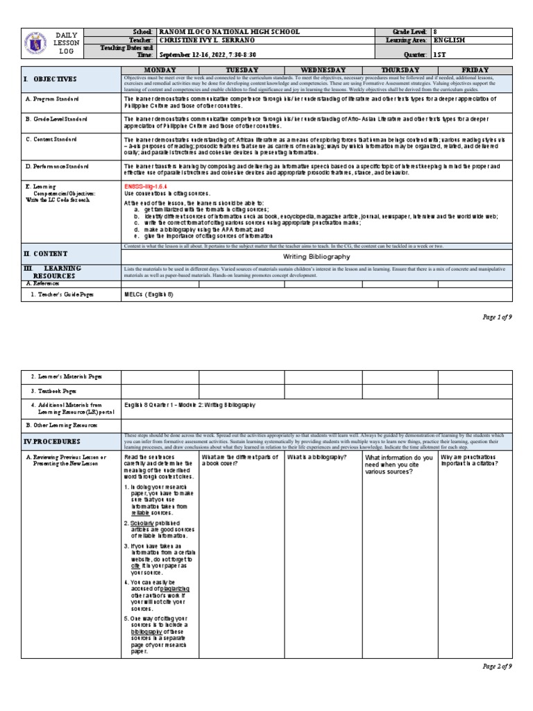 DLL Eng 8 Quarter 1 Week 4 | PDF | Citation | Bibliography