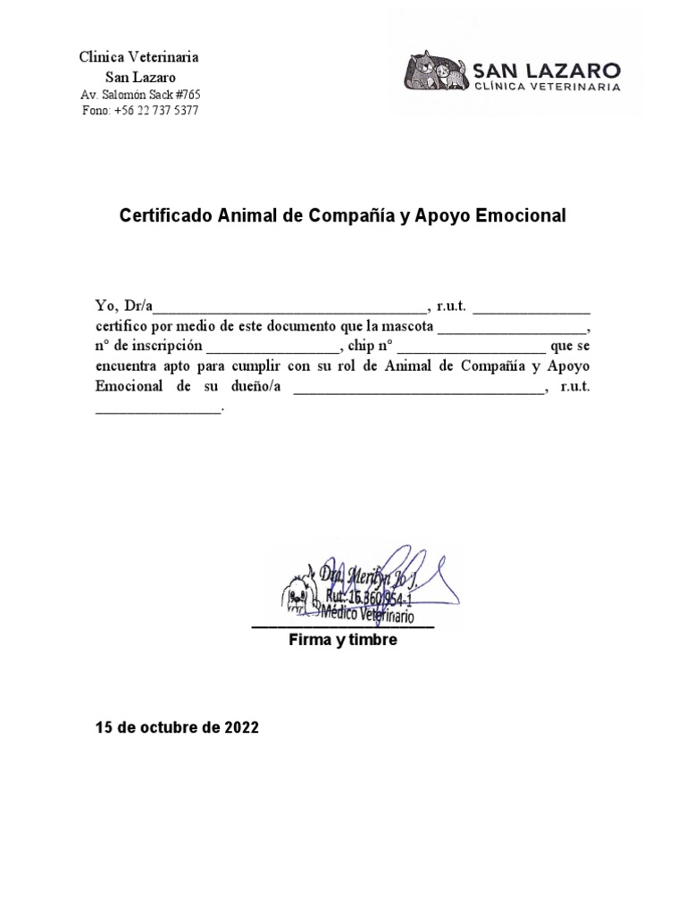 Certificado Animal de Compañía y Apoyo Emocional | PDF