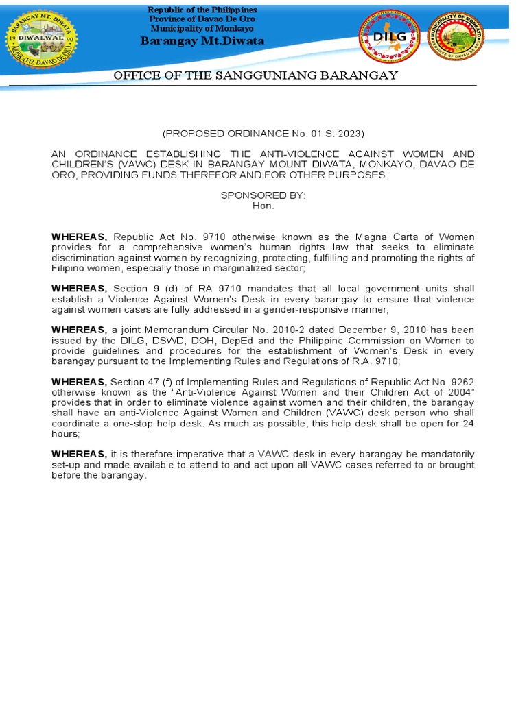 ORDINANCE NO. 0645 Violence Against Women Children Desk VAWC | Download ...