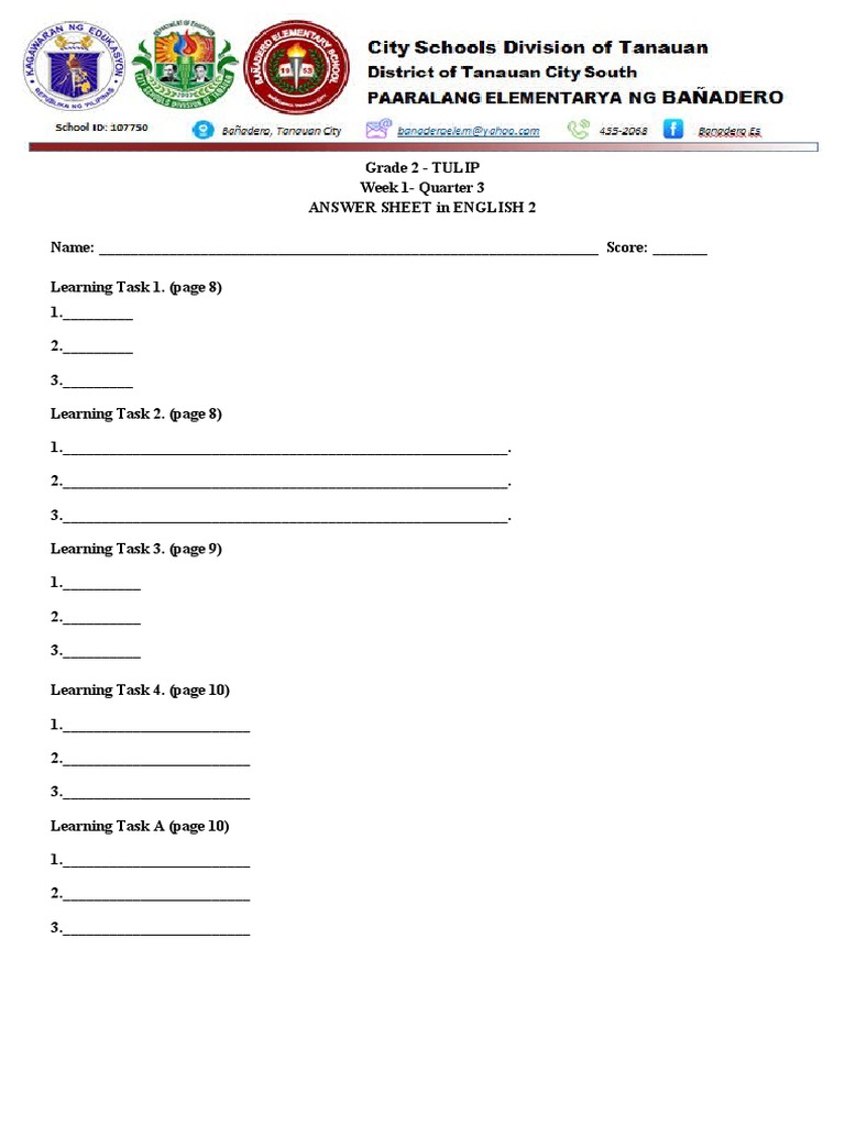 English Answer Sheet W1Q3 | PDF