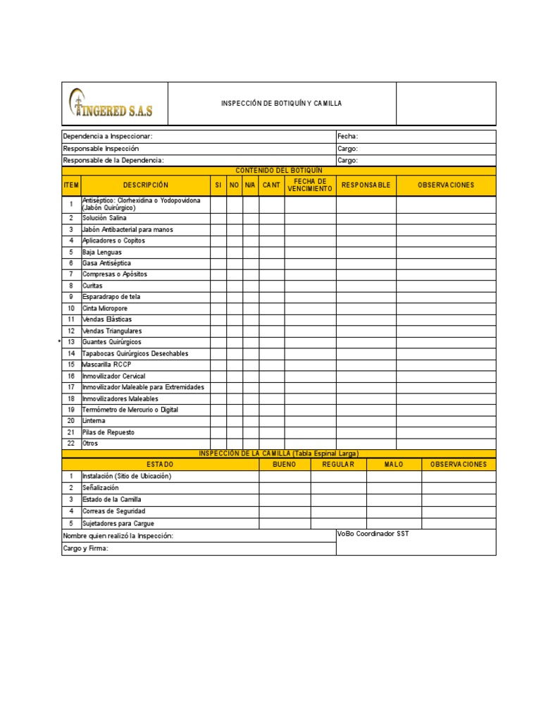 Formato de Inspeccion de Botiquin y Camilla | PDF Formato de Inspeccion de Botiquin y Camilla | PDF