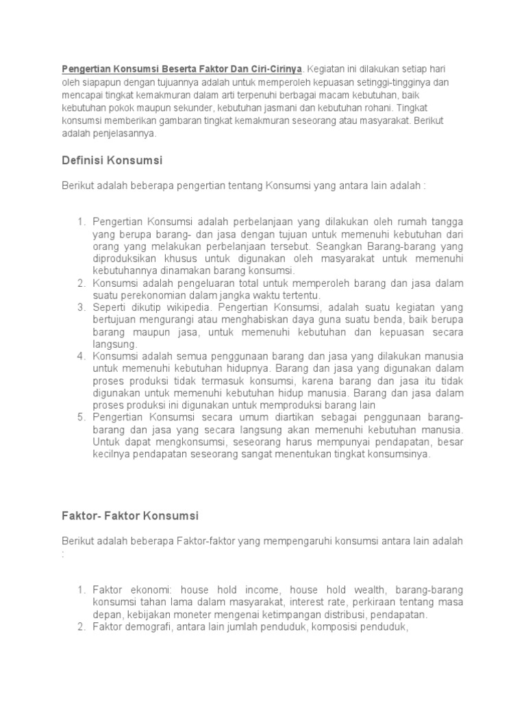 Pengertian Konsumsi Beserta Faktor Dan Ciri | PDF Pengertian Konsumsi Beserta Faktor Dan Ciri | PDF