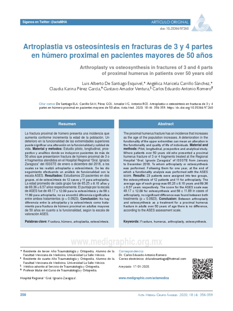 Artroplastia Vs Osteosíntesis en Fracturas de 3 y 4 Partes en Húmero ...
