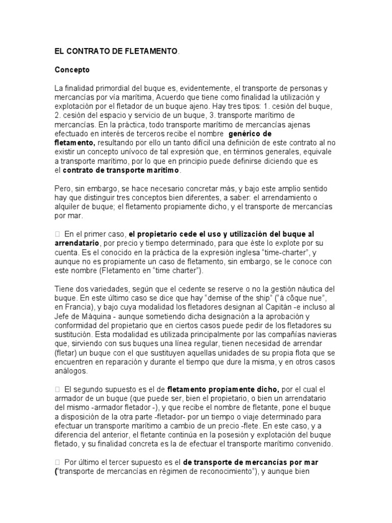 El Contrato De Fletamento Pdf Envío Transporte De Agua