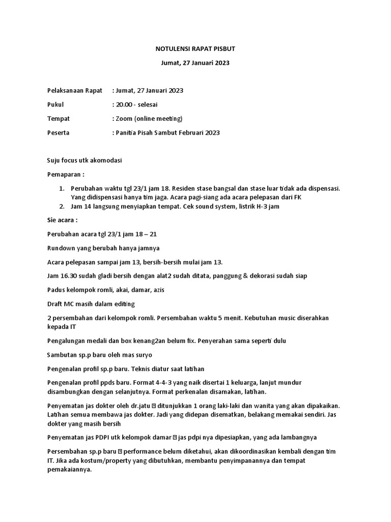 Notulensi Rapat Pisbut 27 Januari 2023 | PDF