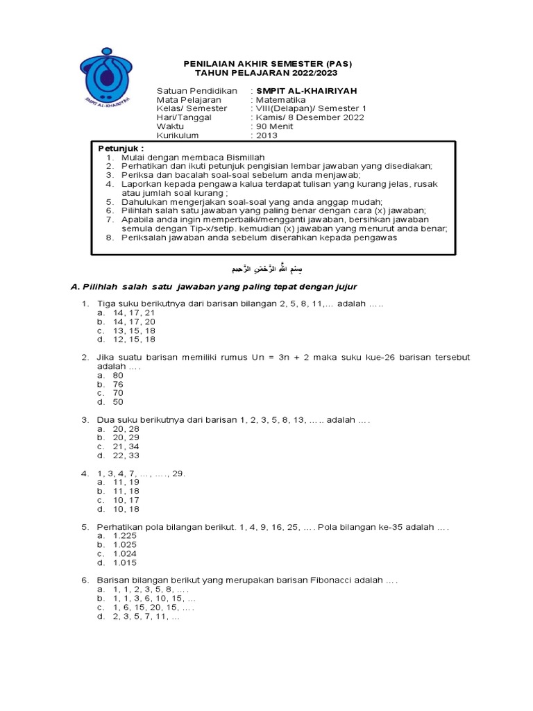 Soal Pts Ganjil Matematika 8 2022-2023 | PDF