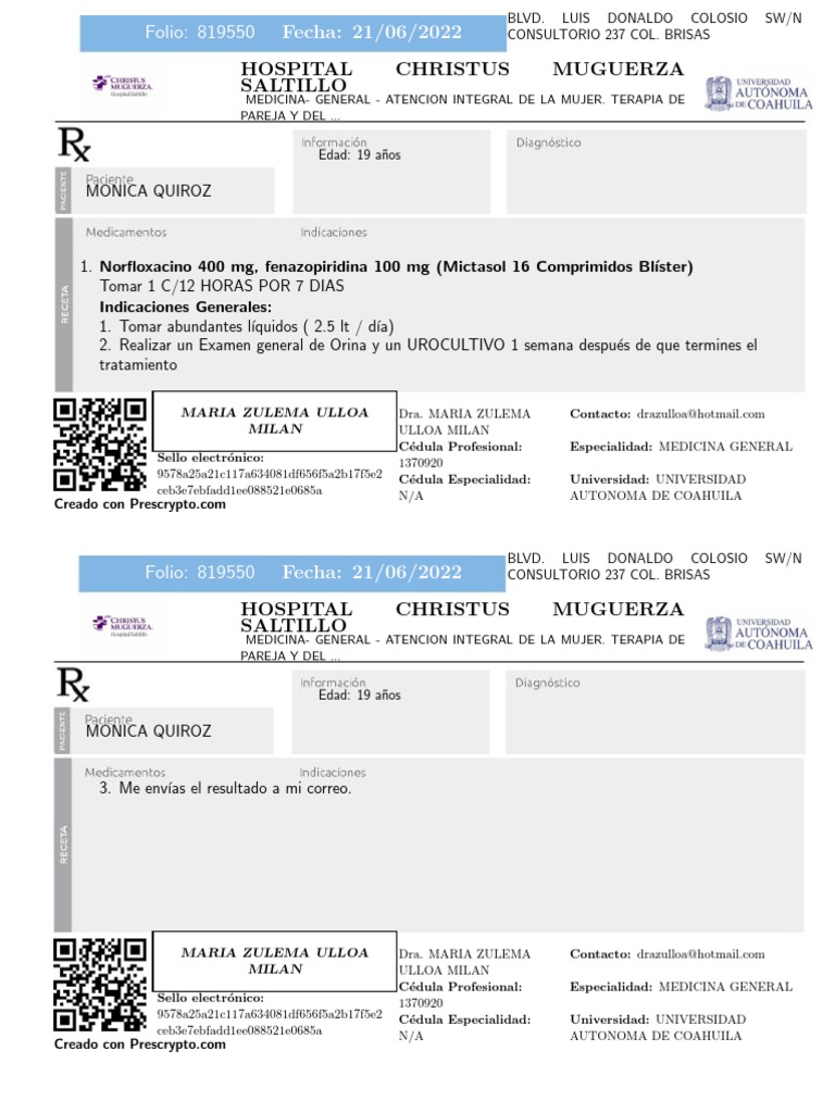 Receta Monica Quiroz | PDF | Farmacia | Prescripción médica