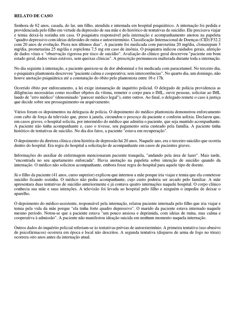 Relato de Caso-Psiquiatria | PDF | Psiquiatria | Suicídio