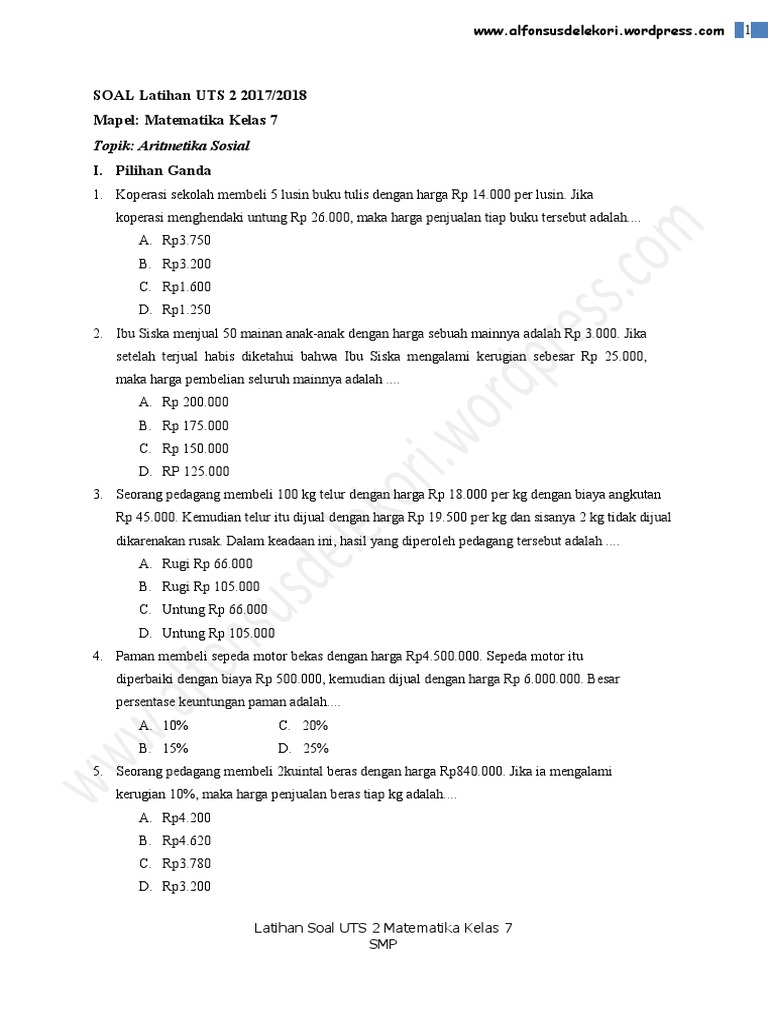 Kelas 7 Soal Latihan Uts 2 Matematika VII 1718 | PDF | Griya & Taman