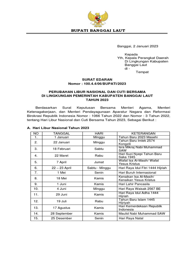 Surat Edaran Bupati TTG Cuti Bersama & Libur Nasional Tahun 2023 ... Surat Edaran Bupati TTG Cuti Bersama & Libur Nasional Tahun 2023 ...
