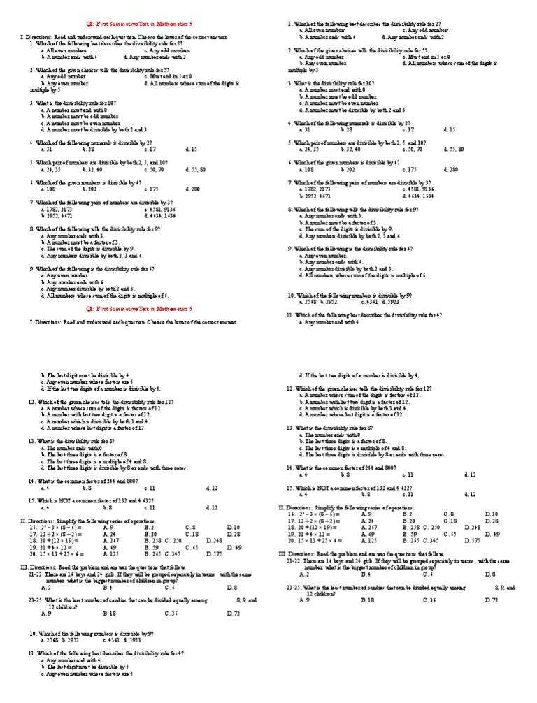 Q1 ST1 Math | PDF | Summation | Numbers