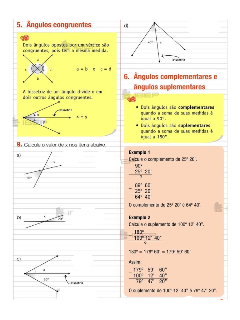Atividades Ângulos Complementares e Suplementares 7º Ano | PDF
