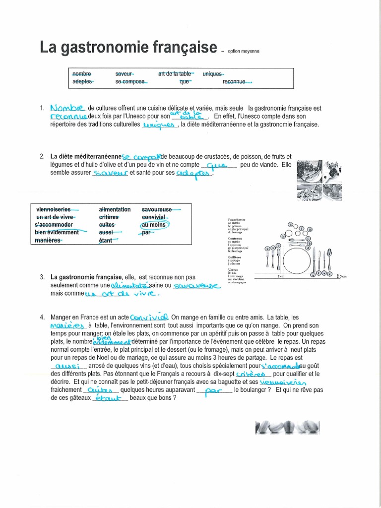 French Worksheet CORRECTIONS - La Gastronomie Française | PDF
