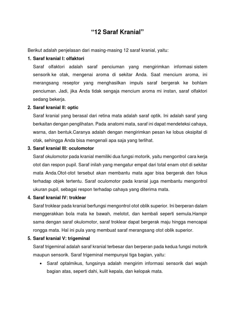 Fungsi 12 Saraf Kranial dan Penjelasannya | PDF