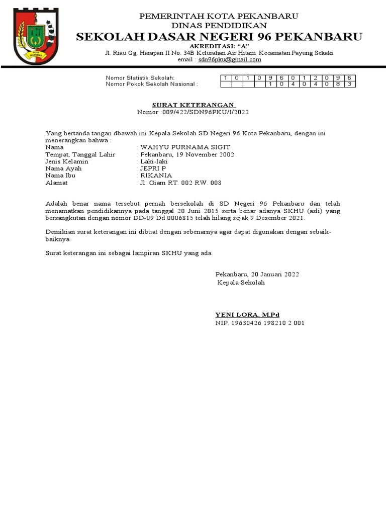SURAT KETERANGAN KEHILANGAN Skhu | PDF