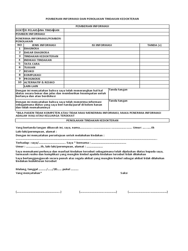Blangko Persetujuan Dan Penolakan Tindakan | PDF
