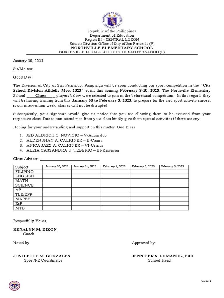 Excuse Letter for Sports Training | PDF