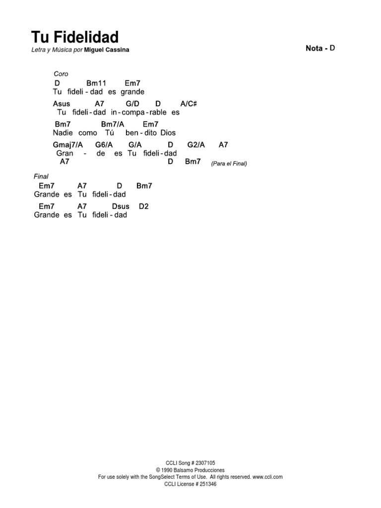 Tu Fidelidad - SongSelect Chart in D | PDF