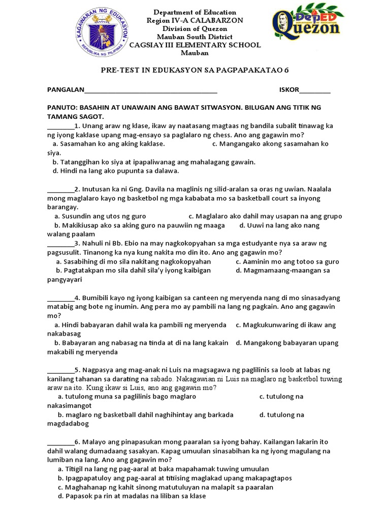 Pre-Test - Esp 6 | PDF