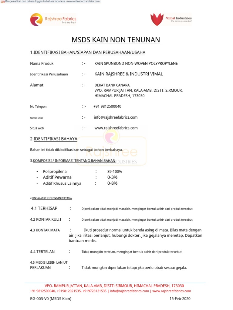 MSDS Kain Spunbond Non-Woven | PDF