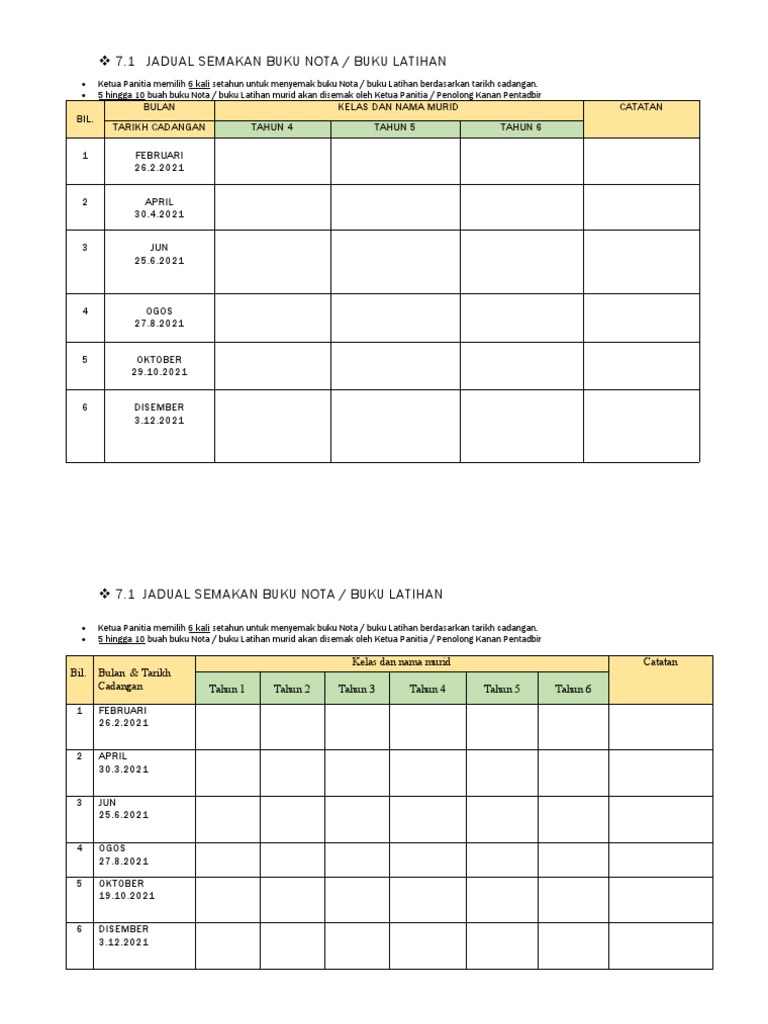 Jadual Semakan Buku 2021 | PDF