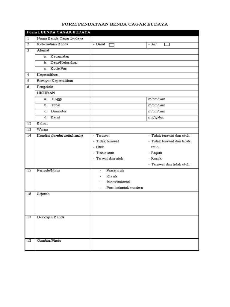 Form Pendaftaran Benda Cagar Budaya | PDF