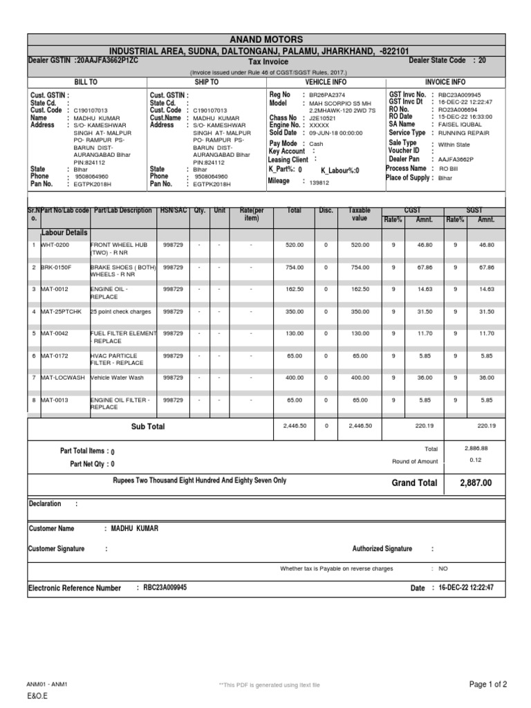 BR26PA2374 Labour Invoice RBC23A009945 | PDF | Vehicles | Vehicle ...