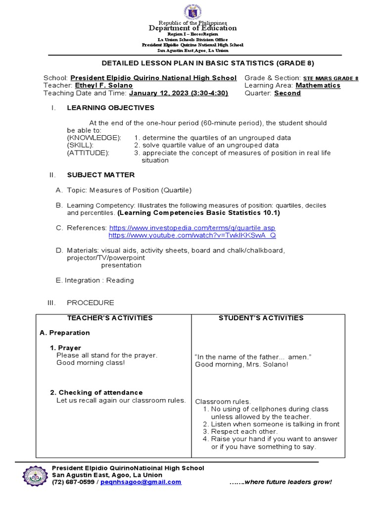 Basic Statistics Grade 8 | PDF | Quartile | Teachers