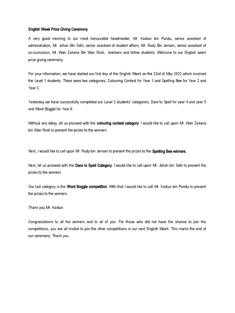 English Week Prize Giving Ceremony 2022 | PDF