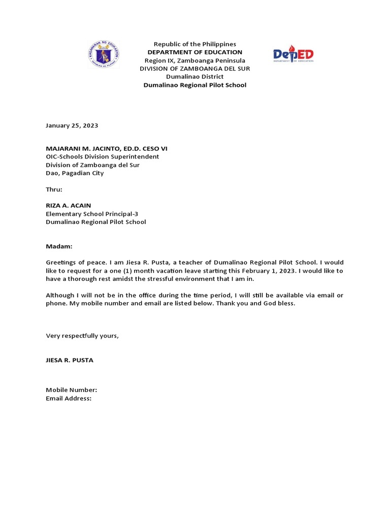 Intent Letter for Vacation Leave | PDF