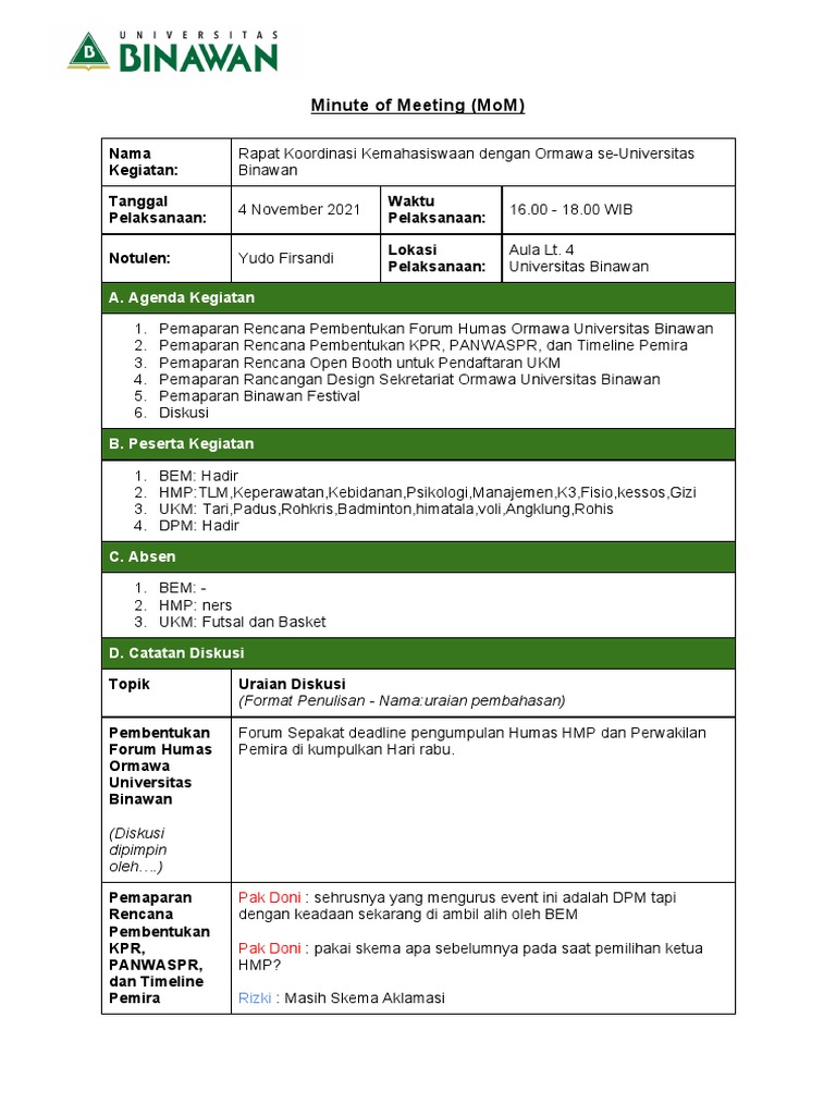 Contoh Pengisian MoM Atau Notulensi | PDF