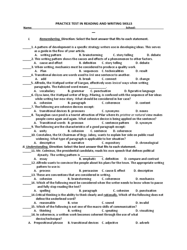 Reading and Writing Skills Practice Test | PDF | Thought | Essays