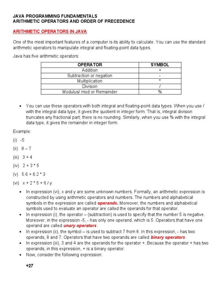 1 Arithmetic Operators and Order of Precedence | PDF | Division (Mathematics) | Arithmetic