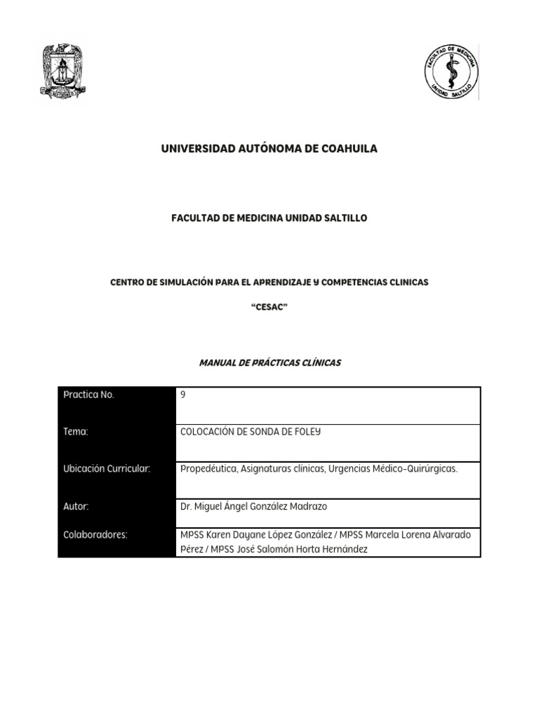 Manual de prácticas clínicas: Colocación de sonda Foley | PDF | Vejiga ...