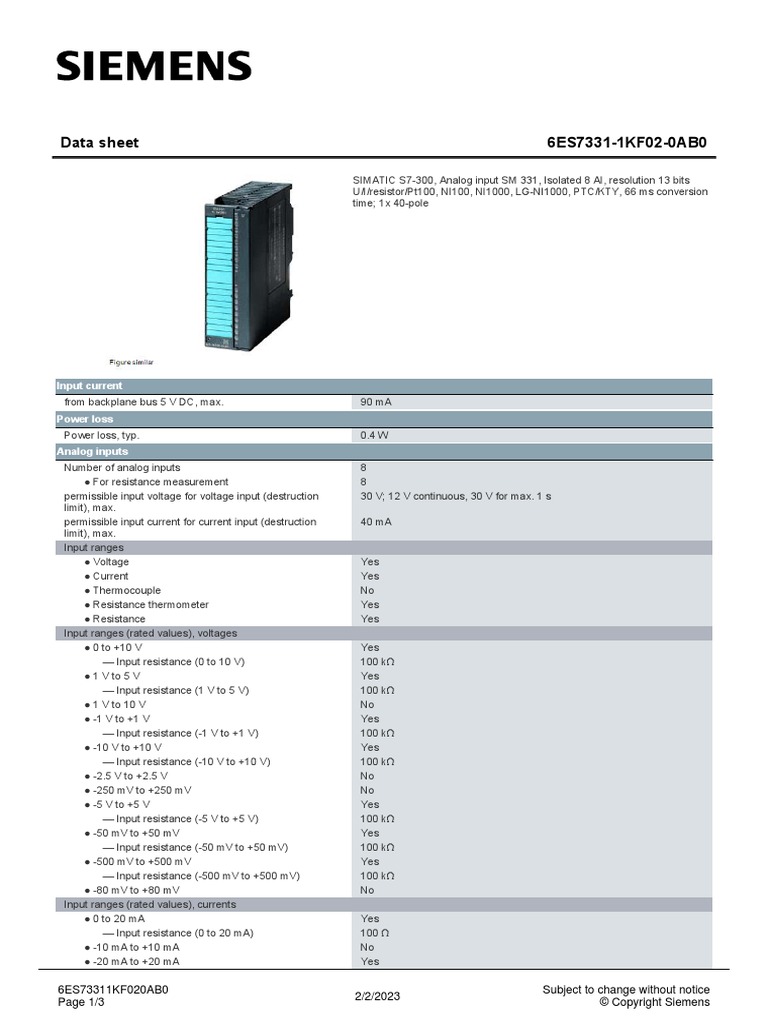 Data Sheet 6ES7331-1KF02-0AB0 | PDF | Manufactured Goods | Electricity