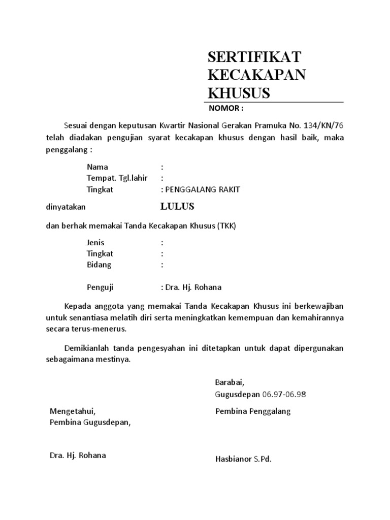 Sertifikat TKK Penggalang | PDF