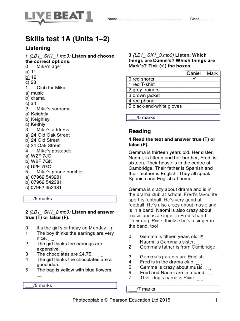 LIVE BEAT 1 - Skills - Test - 1A | PDF