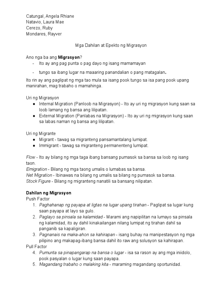 Mga Dahilan at Epekto NG Migrasyon | PDF
