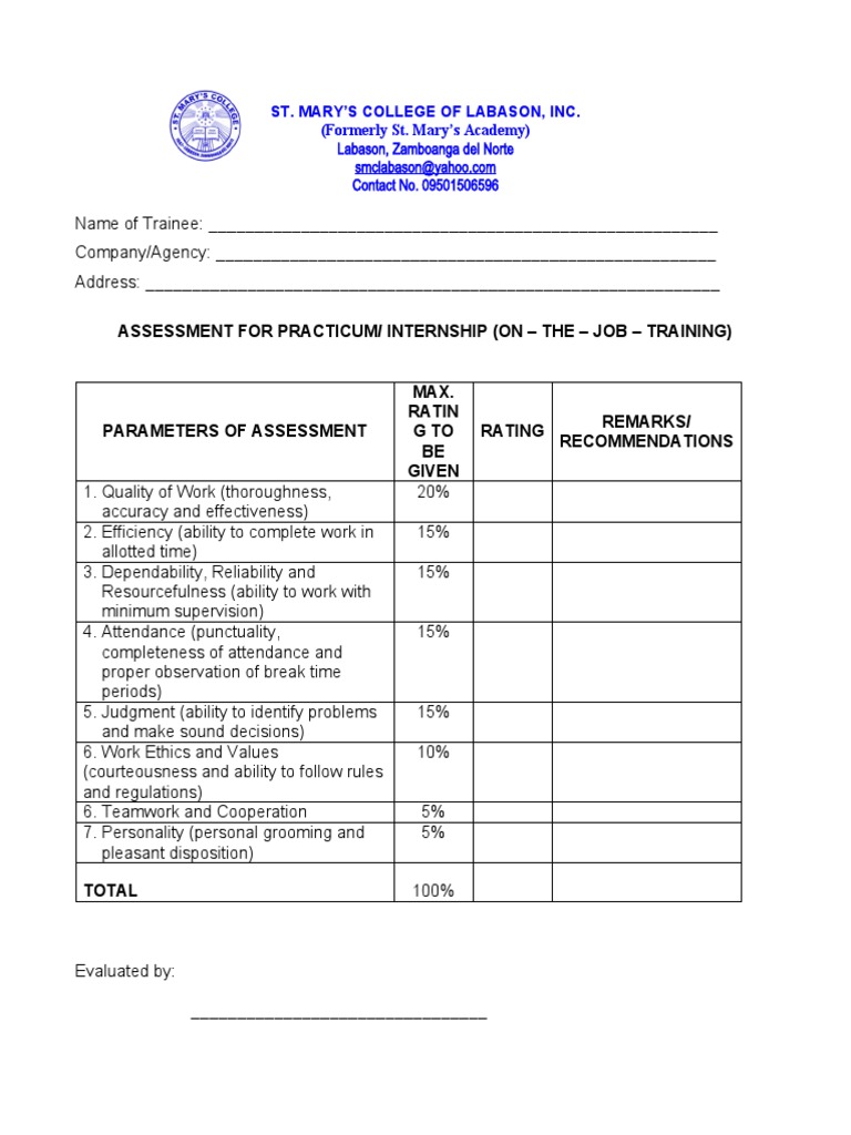 Assessment of Practicum (BSBA) | PDF