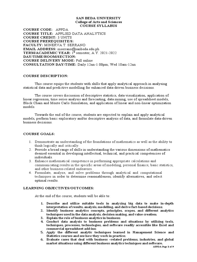 APPDA Syllabus 21 22 1 | Download Free PDF | Analytics | Data Analysis