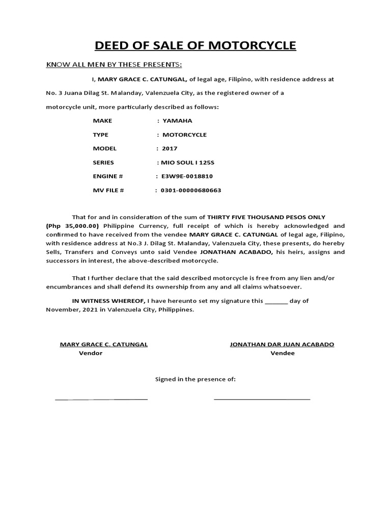 Deed of Sale of Motorcycle | PDF