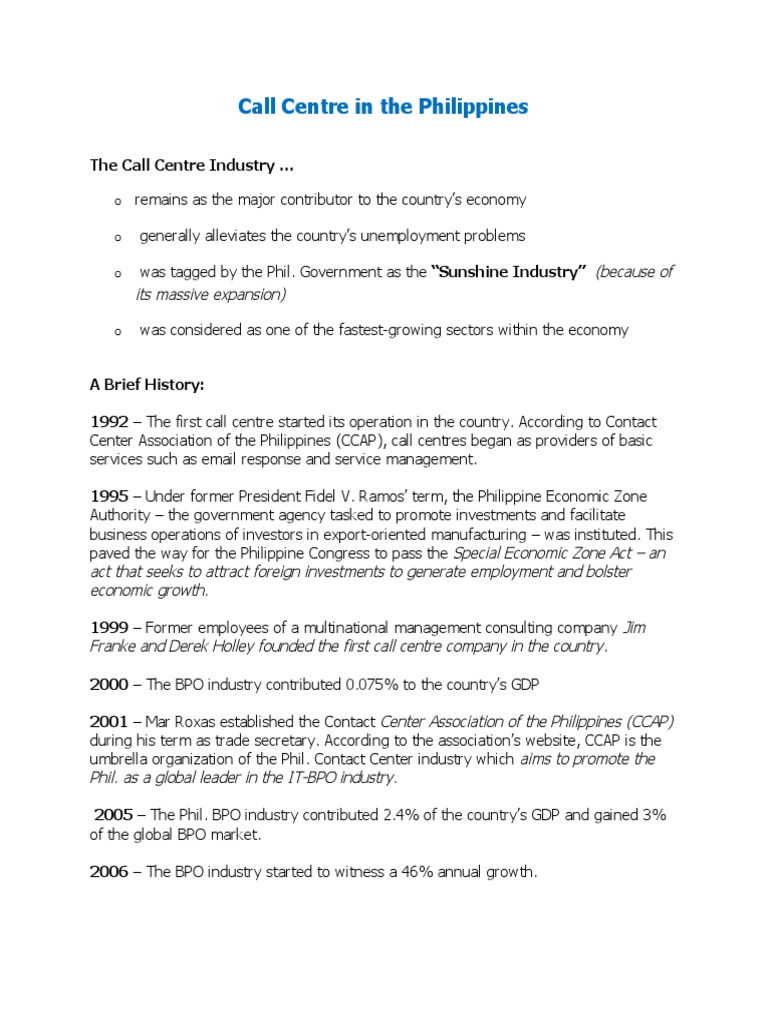 The Rise of the Philippine Call Centre Industry: A Brief History of its Growth and Impact on the ...