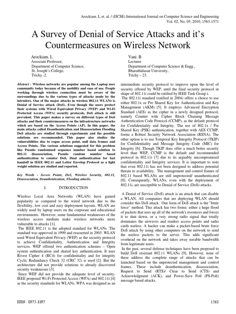 A Survey of Dos Attack and Its Countermeasures | PDF | Ieee 802.11 ...