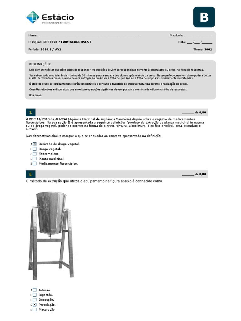 AV2 FARMACOGNOSIA ESTÁCIO JOÃO PAULO BASTOS PROVA B GABARITO | PDF | Química