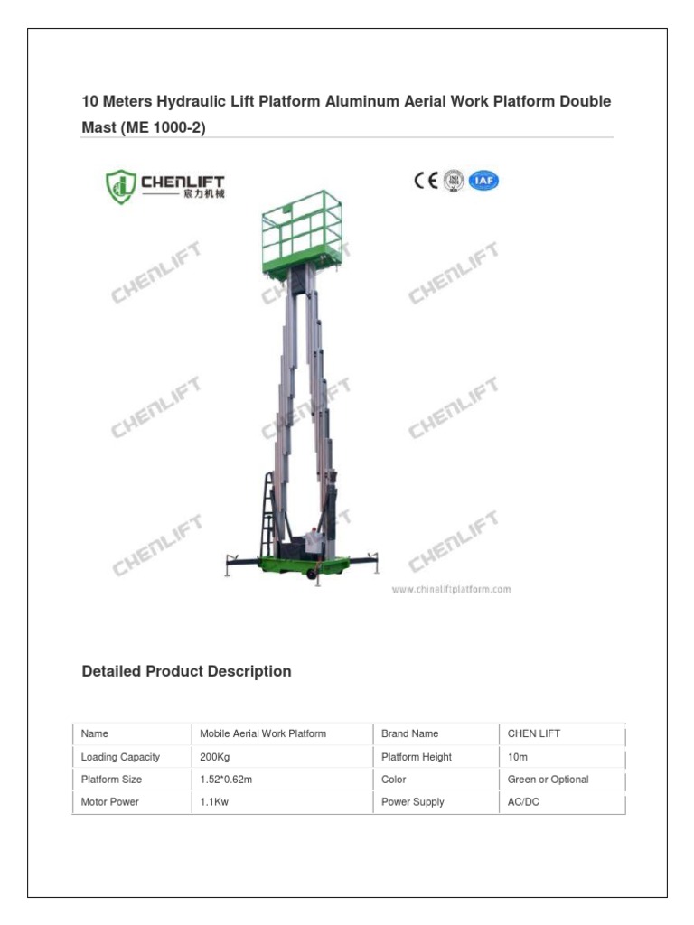 10m Double Mast Hydraulic Lift Platform | PDF