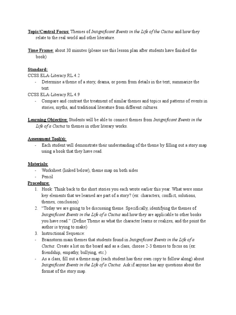 Lesson Plan - Themes of Insignificant Events in The Life of The Cactus ...