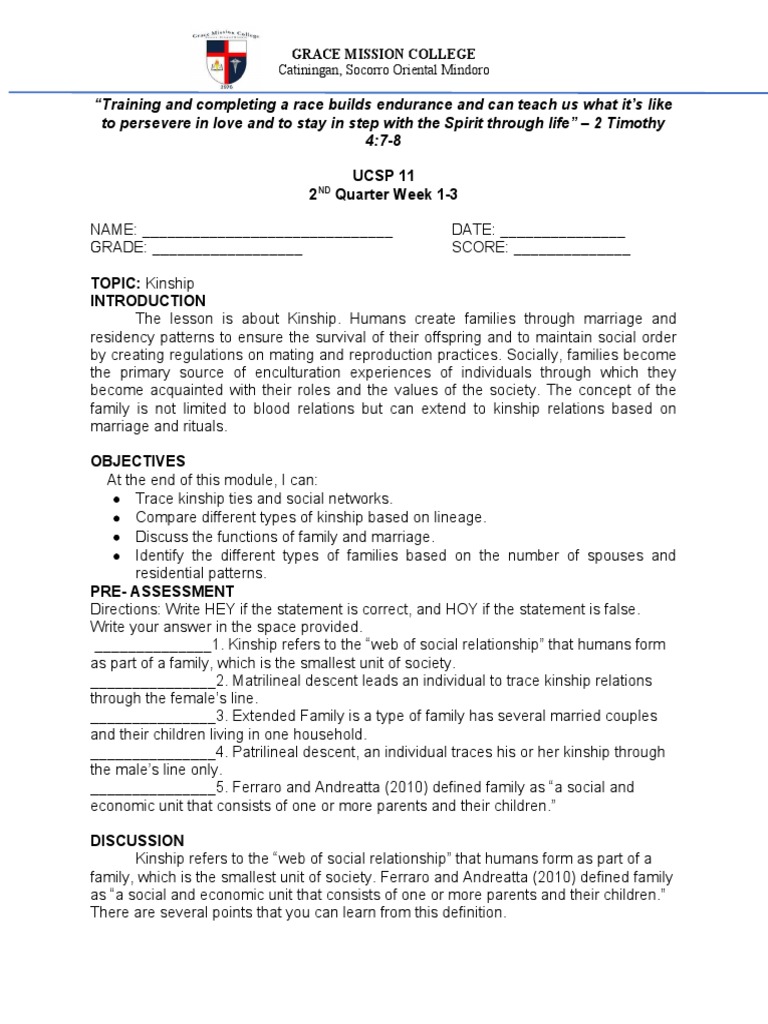 UCSP 11 Week 1-3 | PDF | Family | Kinship