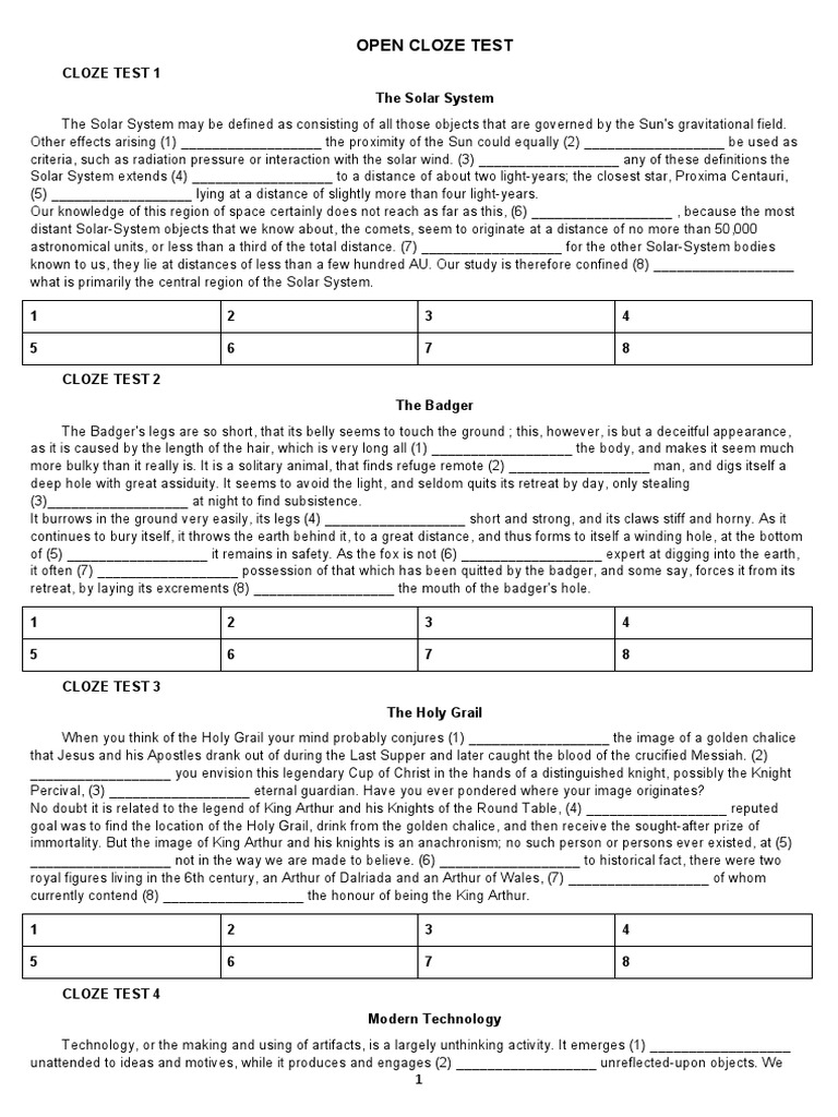 Open Cloze Test | PDF | Solar System | Dream